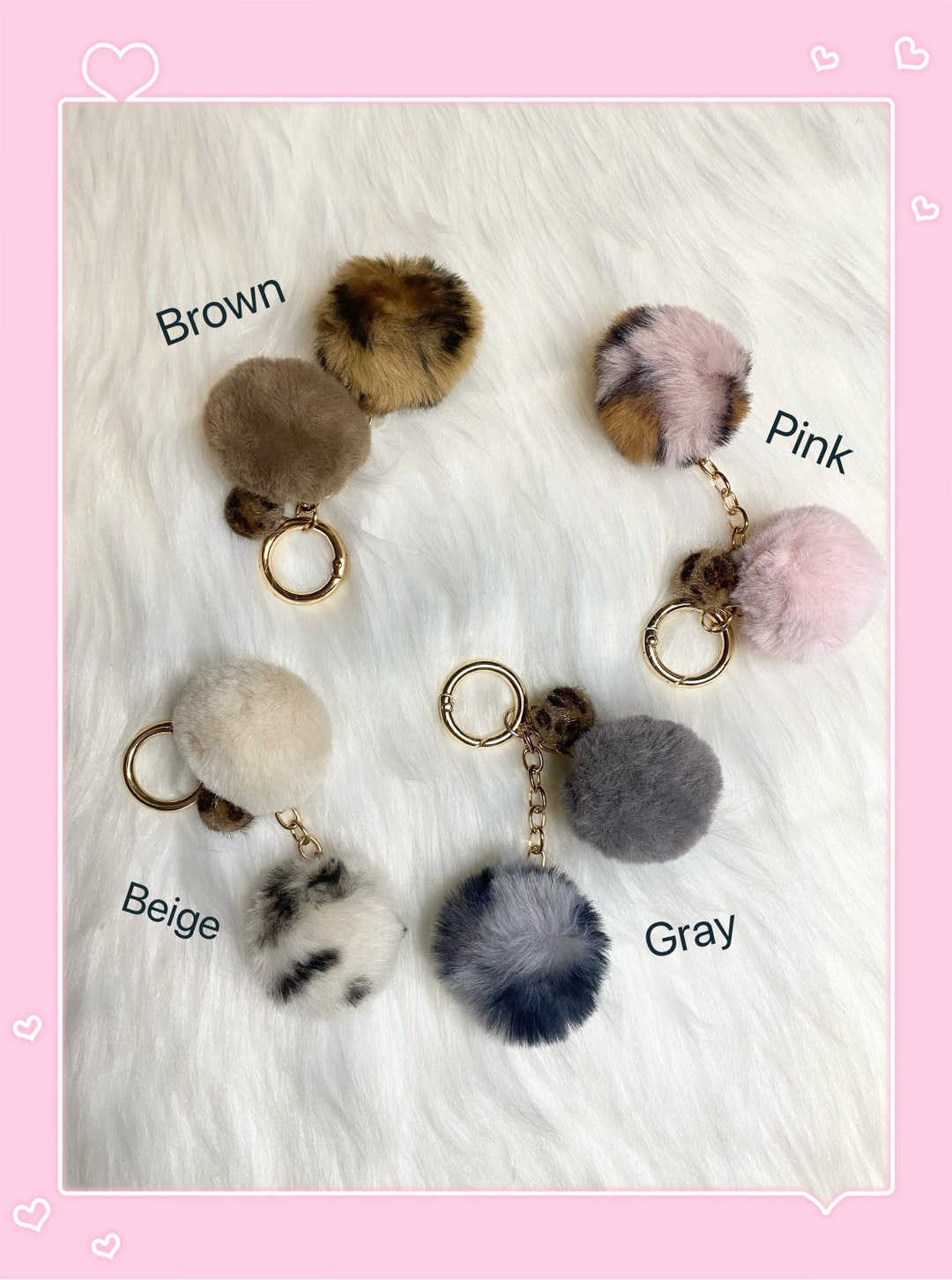 Faux Fur Ball Shape Pompom Keychain, Leopard Fluffy Pompom Keychain ...