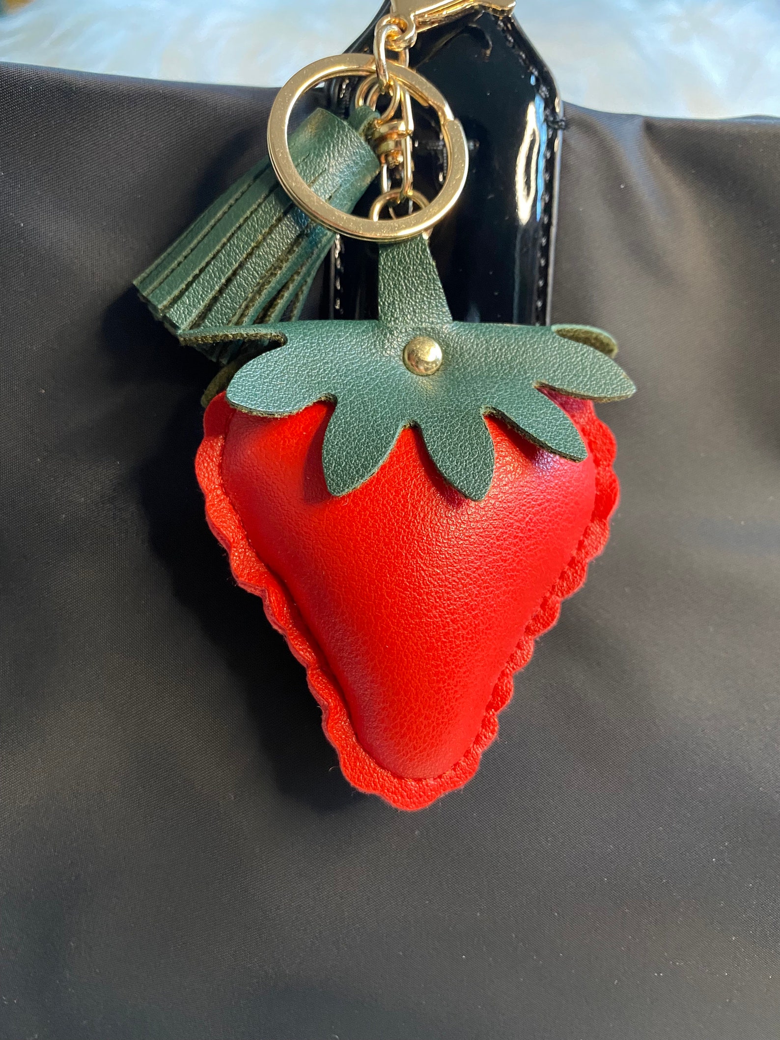 Leather Strawberry Bag Charm Keychain Key Ring Car Charm Red Green ...