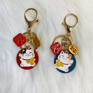 Lucky Cat Maneki Neko Waving Fortune Cat Koi Fish Bag Charm Keychain ...