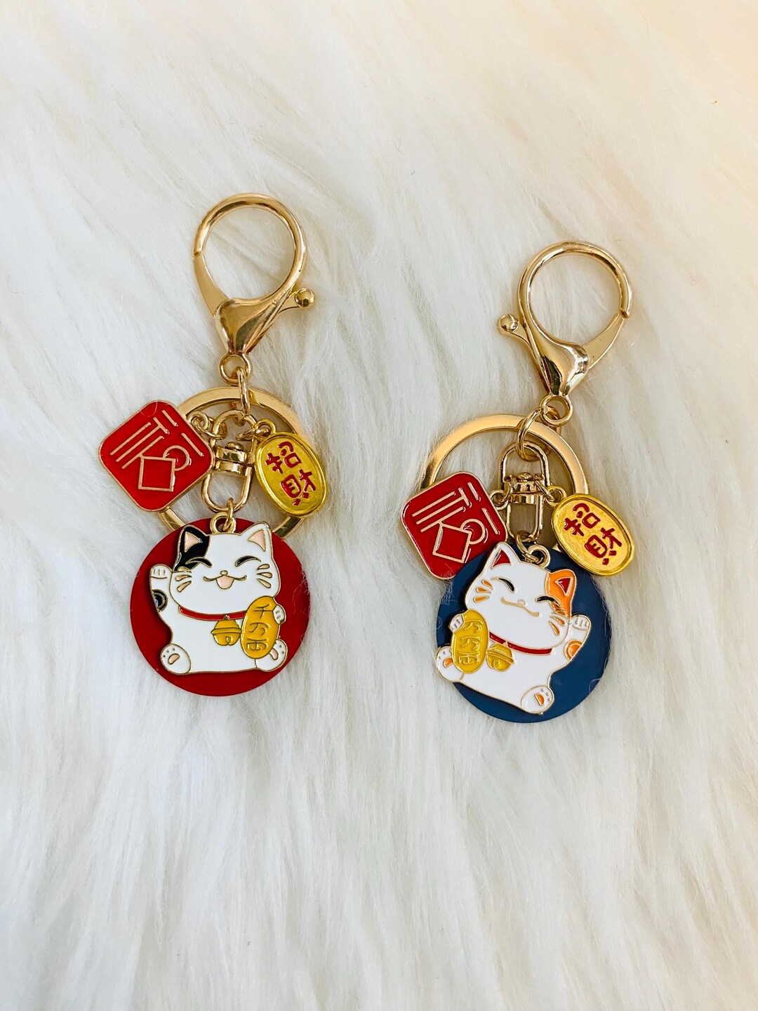 Lucky Cat Maneki Neko Waving Fortune Cat Koi Fish Bag Charm Keychain ...