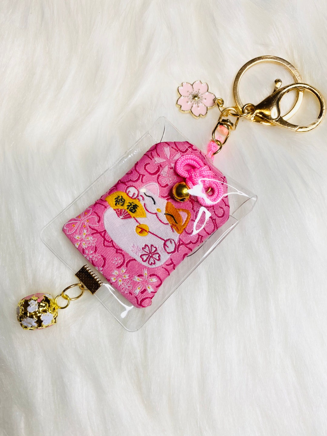 Japan Lucky Cat Keychain Japanese Omamori Bag Charm Key Fob Pink Sakura ...