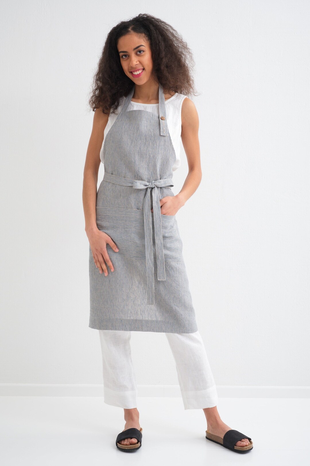 Linen Apron, Natural Striped Linen Apron, Soft Gardening Apron With ...