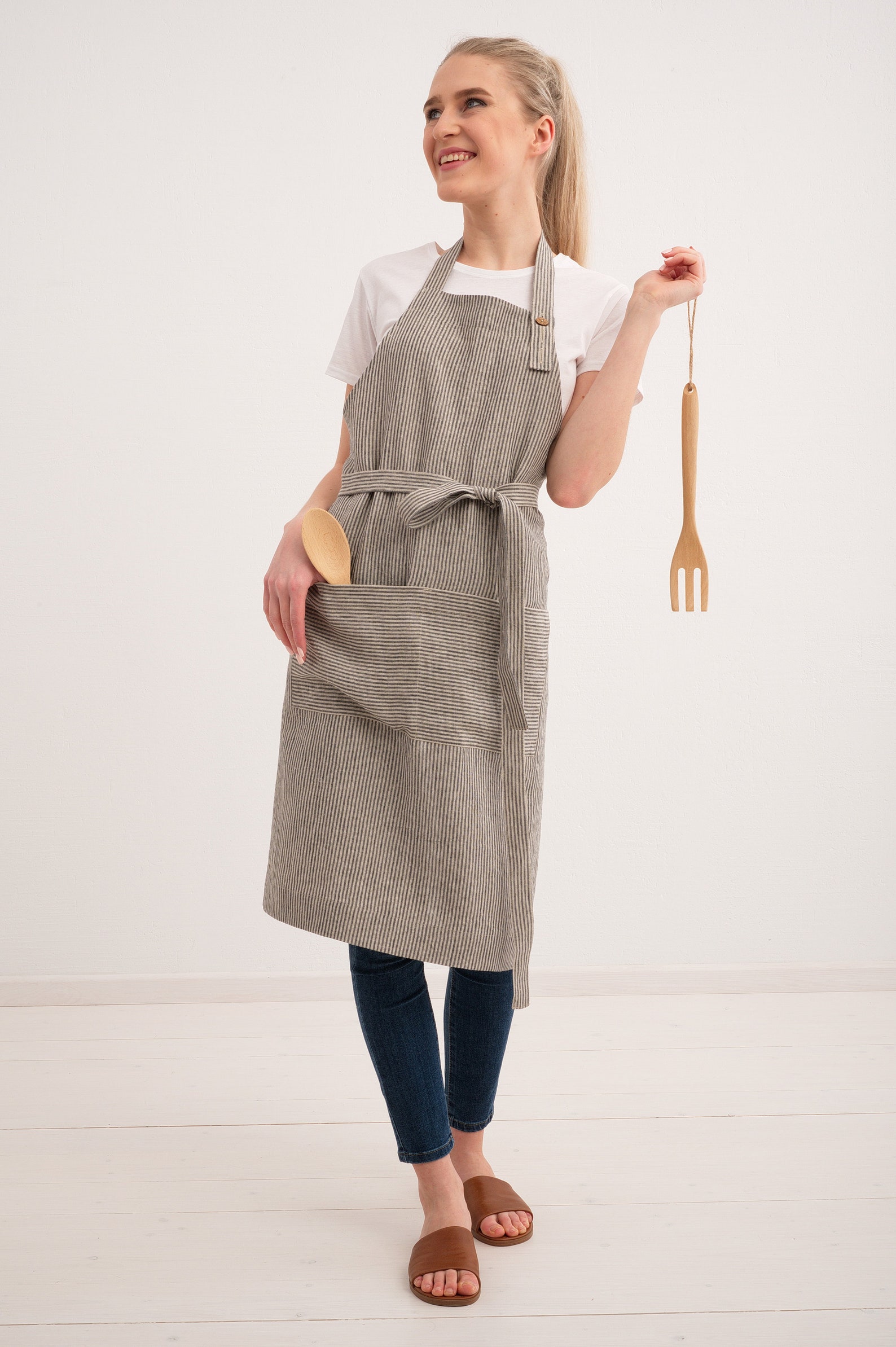 Linen Apron, Natural Striped Linen Apron, Soft Gardening Apron With ...