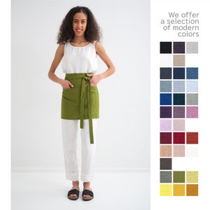 Linen Short Cafe Apron for Waitress, Linen Half Apron With Pockets ...
