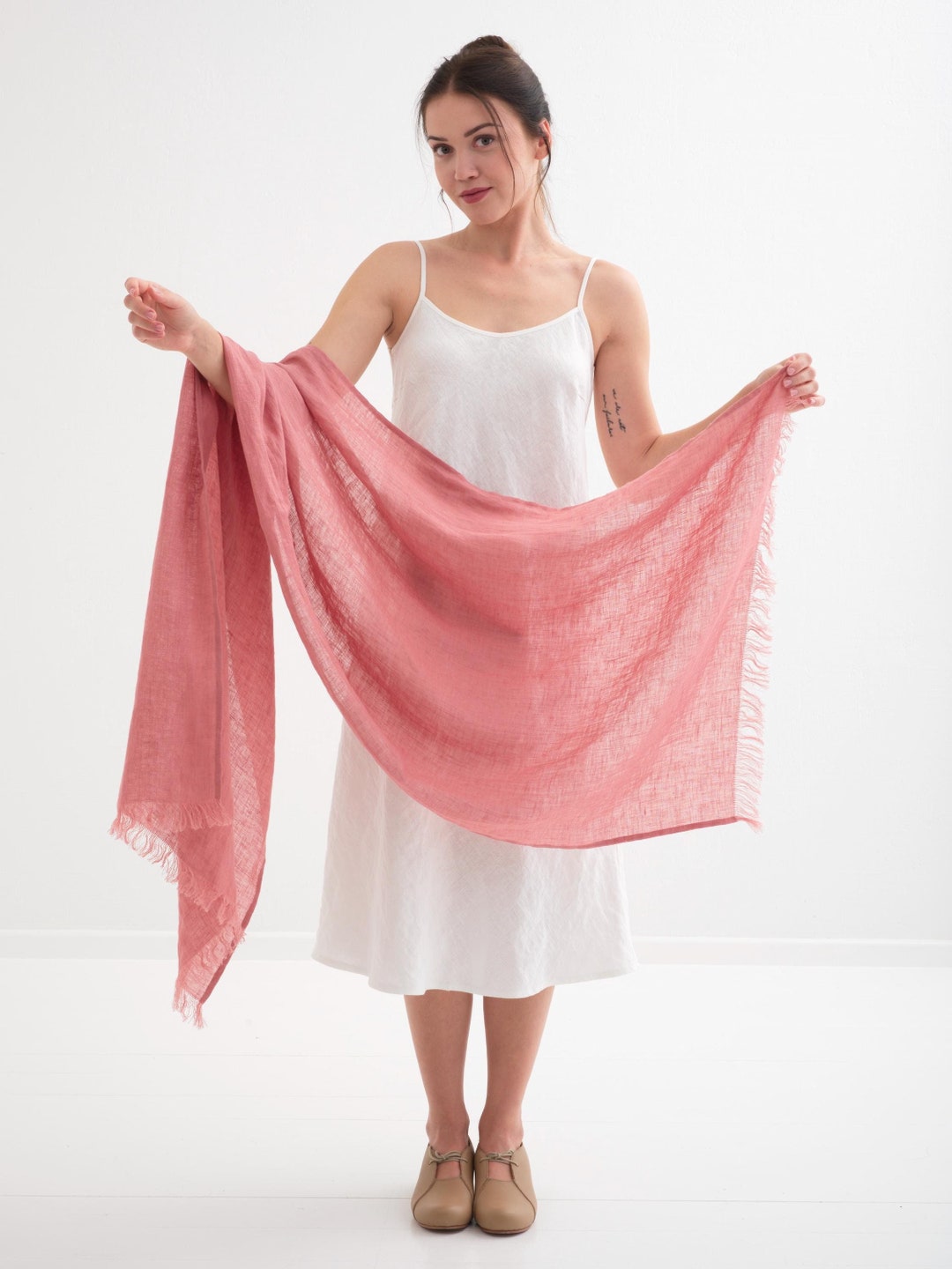 Linen Fringe Scarf, Gifted Long Lightweight Shawl, Wahsed Sheer ...