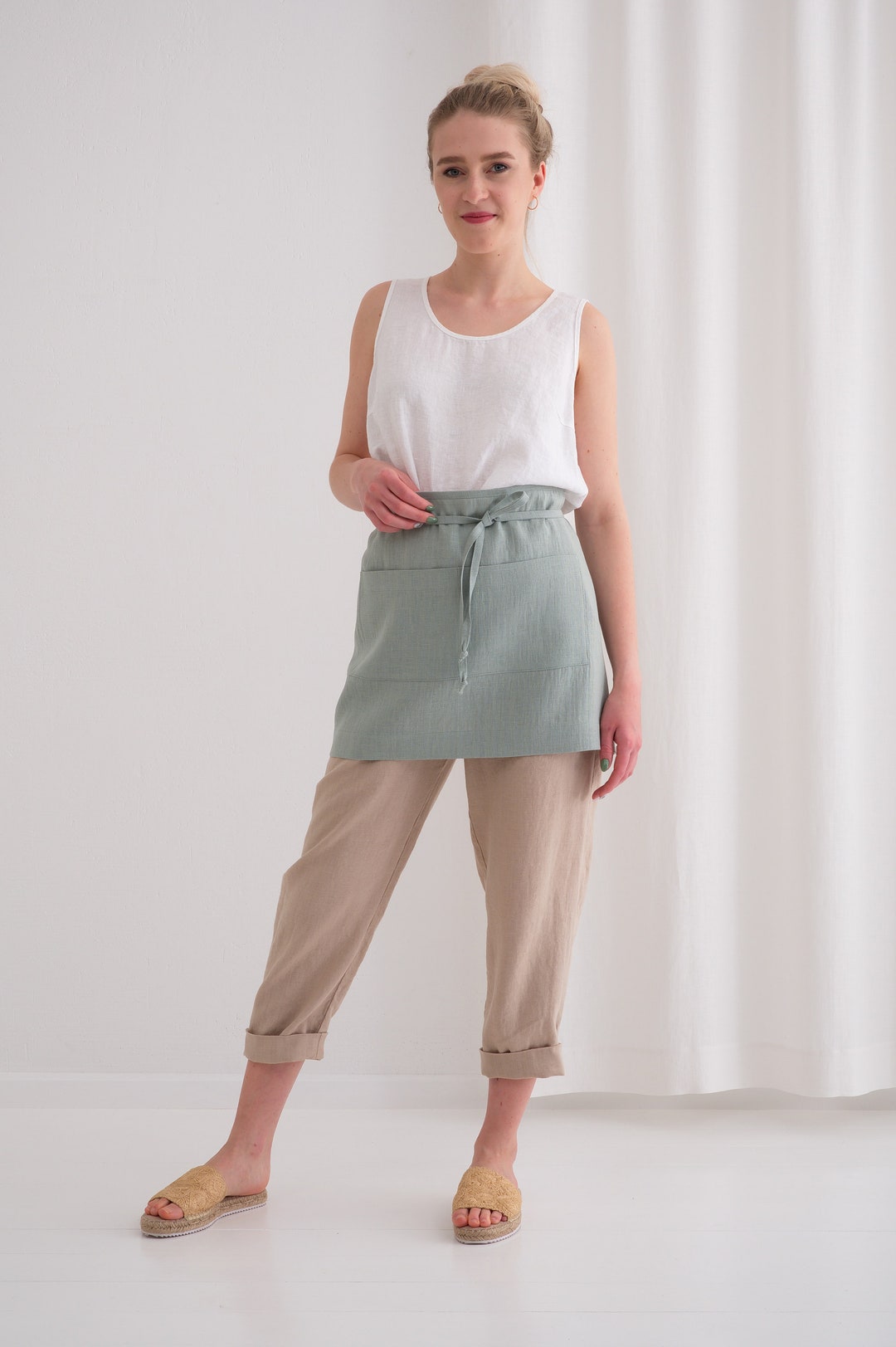 Mini Linen Apron, Natural Linen Cafe Apron, Linen Half Apron With ...