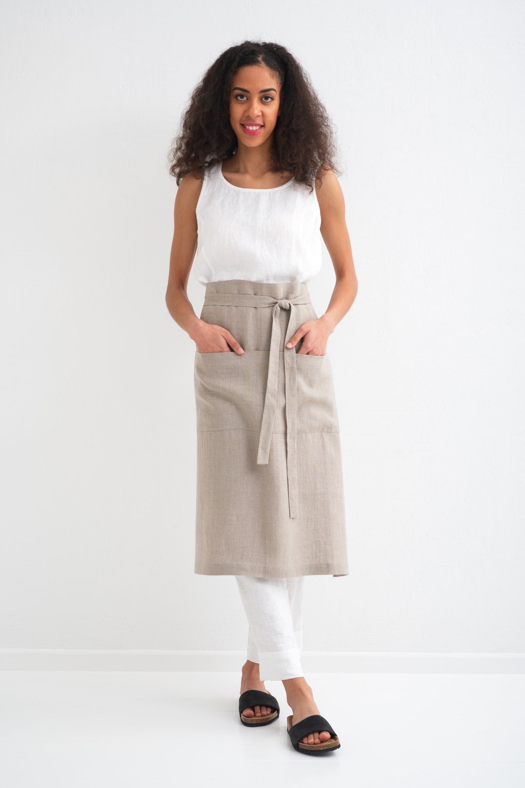 Maxi Linen Cafe Apron, Natural Linen Apron With Pockets, Long Linen ...