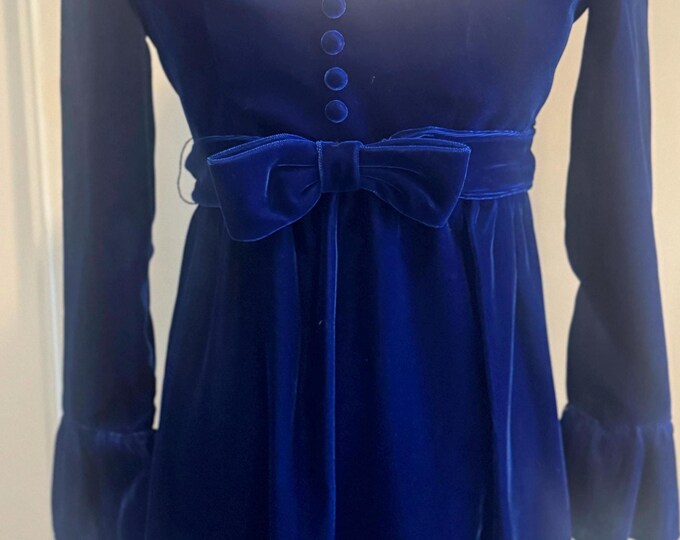 VTG 60s Lorrie Deb Blue Velvet Maxi Dress Empire Waist Bow Belled ...