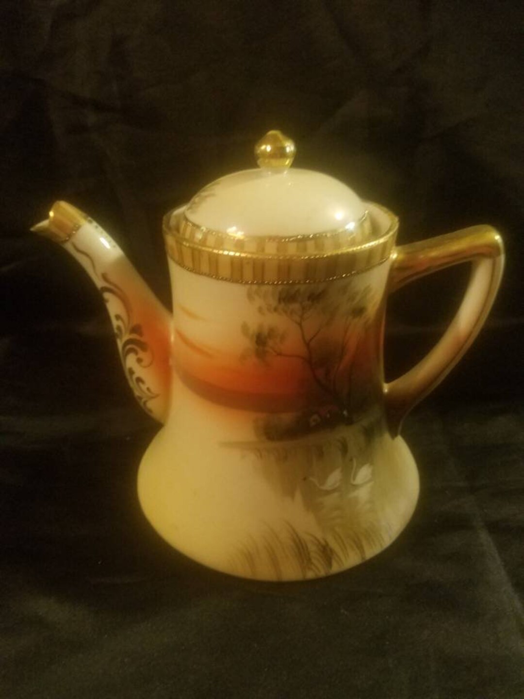 Vintage Nippon Handpainted Landscape Scene and Swan With Gold Trim and ...