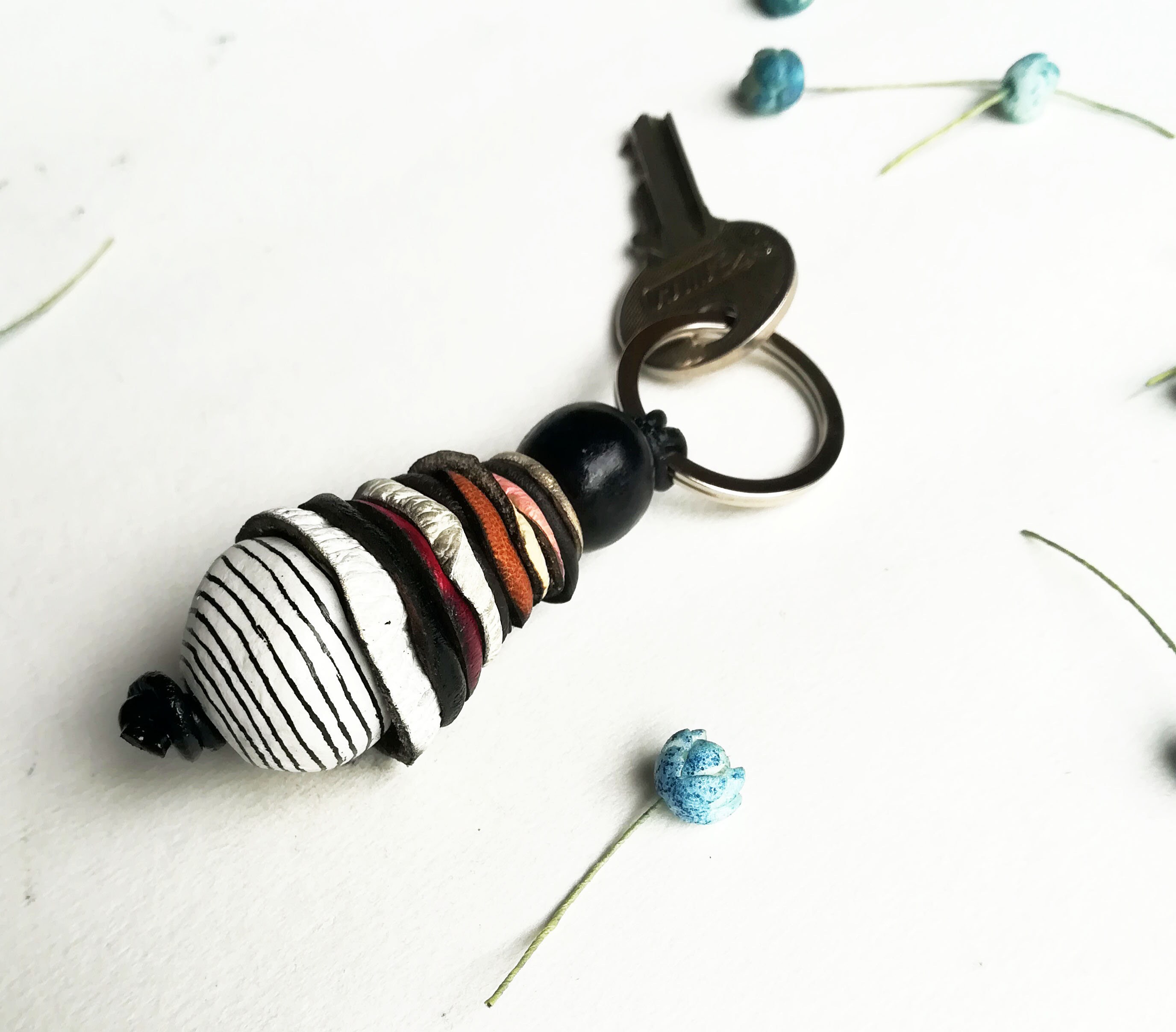 Geometic Women's Clay Bead Leather Keychain is A Handmade - Etsy