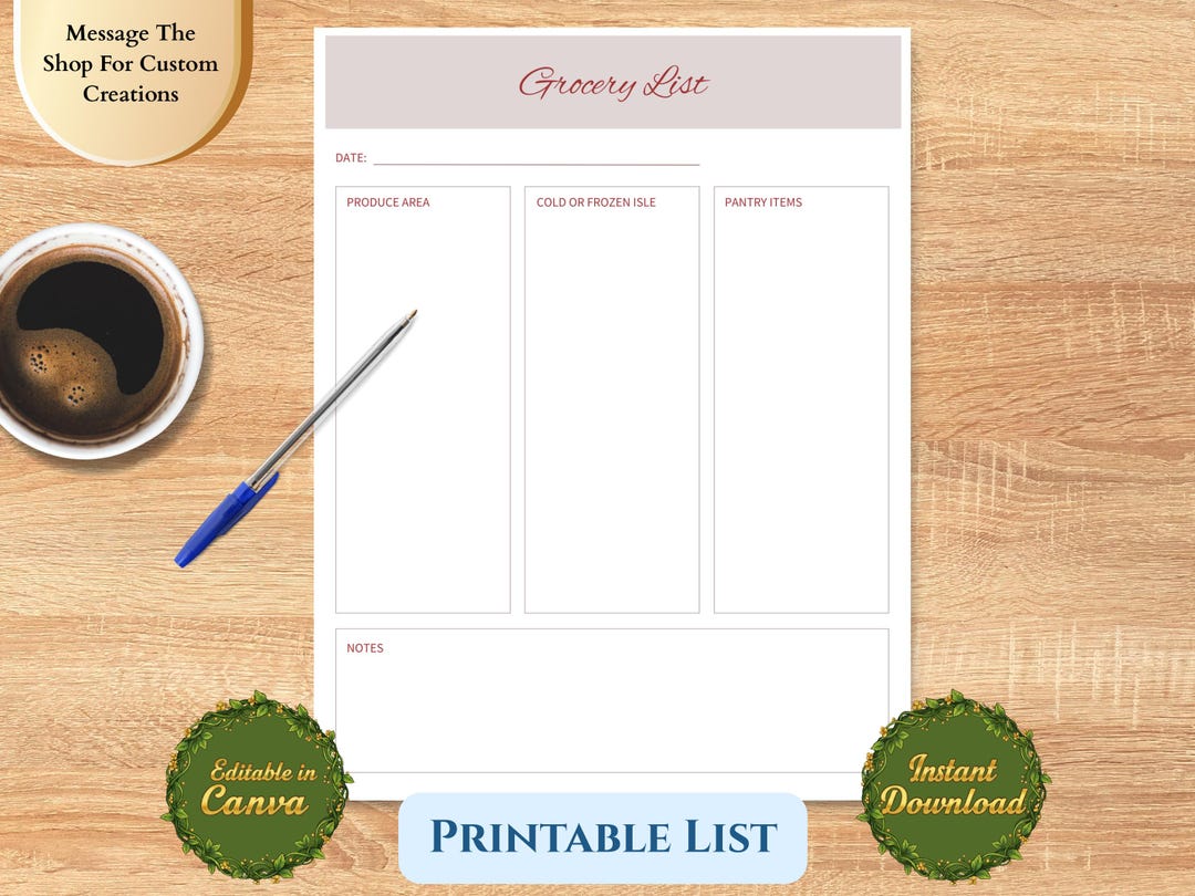 Grocery List Template - Printable Errand List Edit Chore Checklist ...