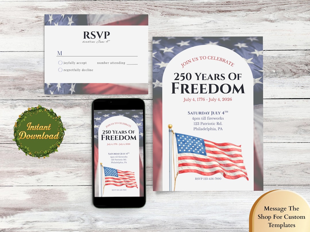 250th USA Anniversary Invitation Template - July Fourth Patriotic ...