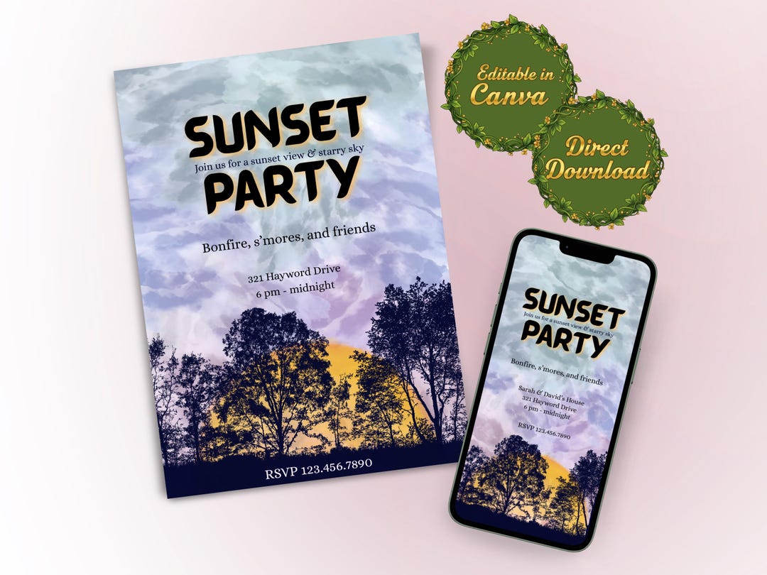 Sunset Party Invitation Template | Editable Bonfire Invite | Camping ...
