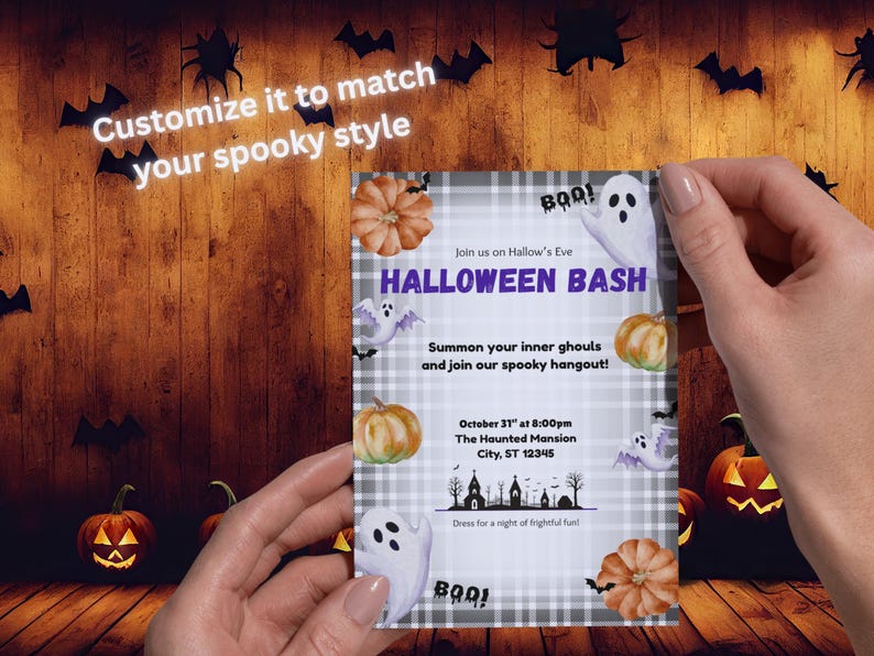 Spooky Halloween Party Invitation With Ghosts Pumpkins Bats Editable ...