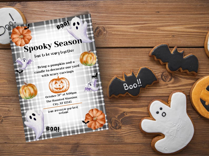Spooky Halloween Party Invitation With Ghosts Pumpkins Bats Editable ...
