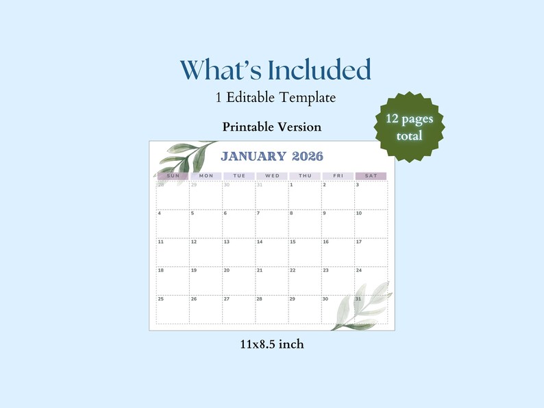 2026 Monthly Calendar Template Printable Year Calendar 2026 Leaf Self ...
