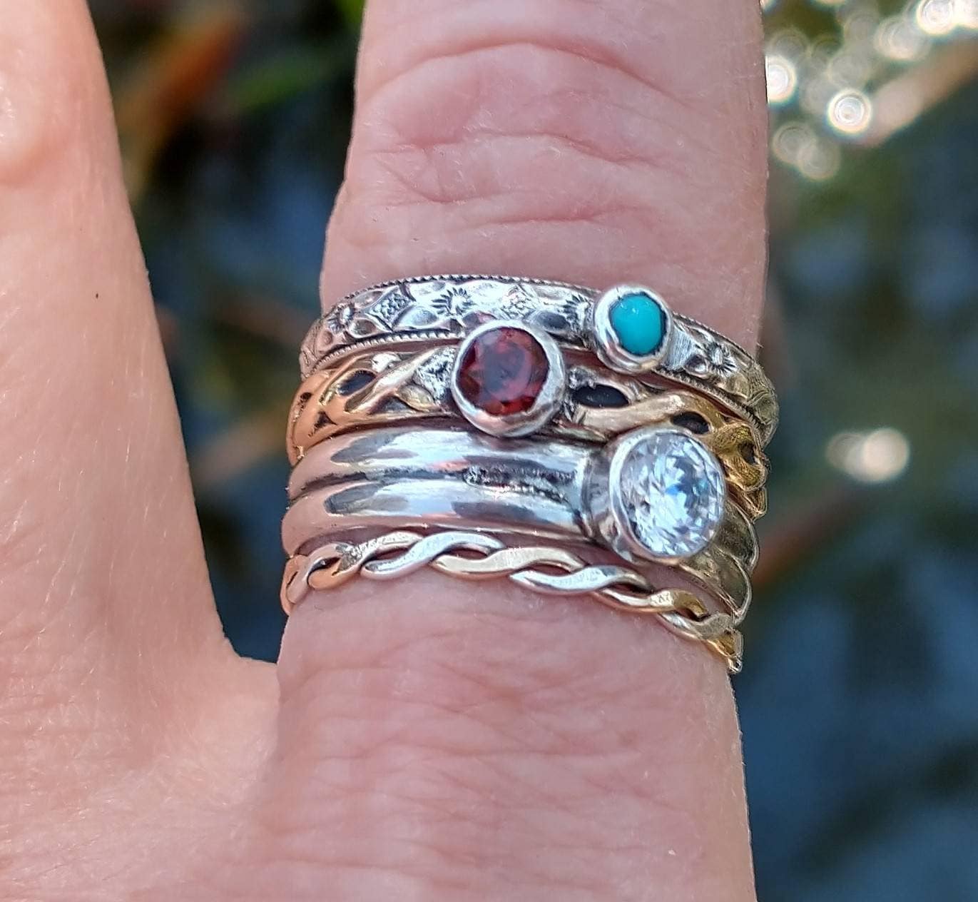 Stacking Ring Mixed Metal Garnet Ring Turquoise Ring Cubic Zirconia Solitaire Artisan Jewelry Handmade Jewelry Bench Jewelers Boho