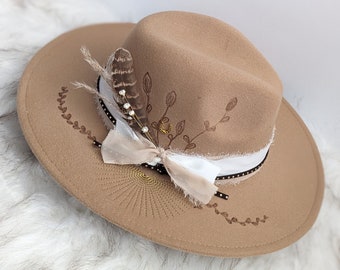 Tyler Childers Custom Hand Burned Wide Brim Fedora Hat Floral, Flowers, Card, Stitched, Concert ...