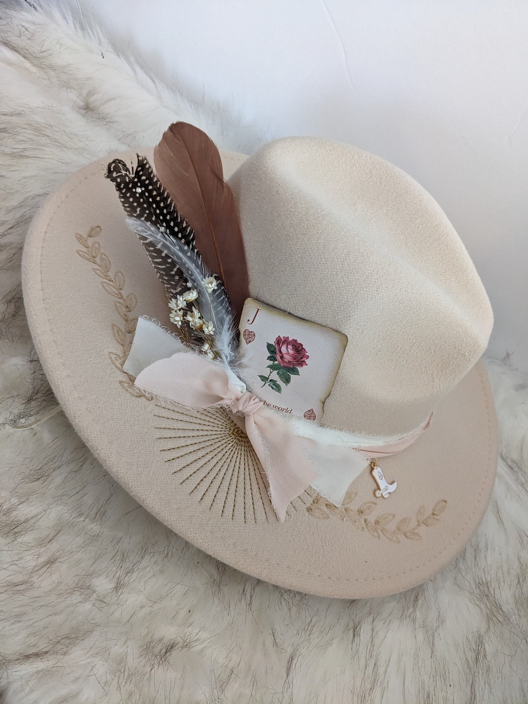 Custom Cowgirl Wide Brim Fedora Hat Hand Burned Flower Detail, Playing ...
