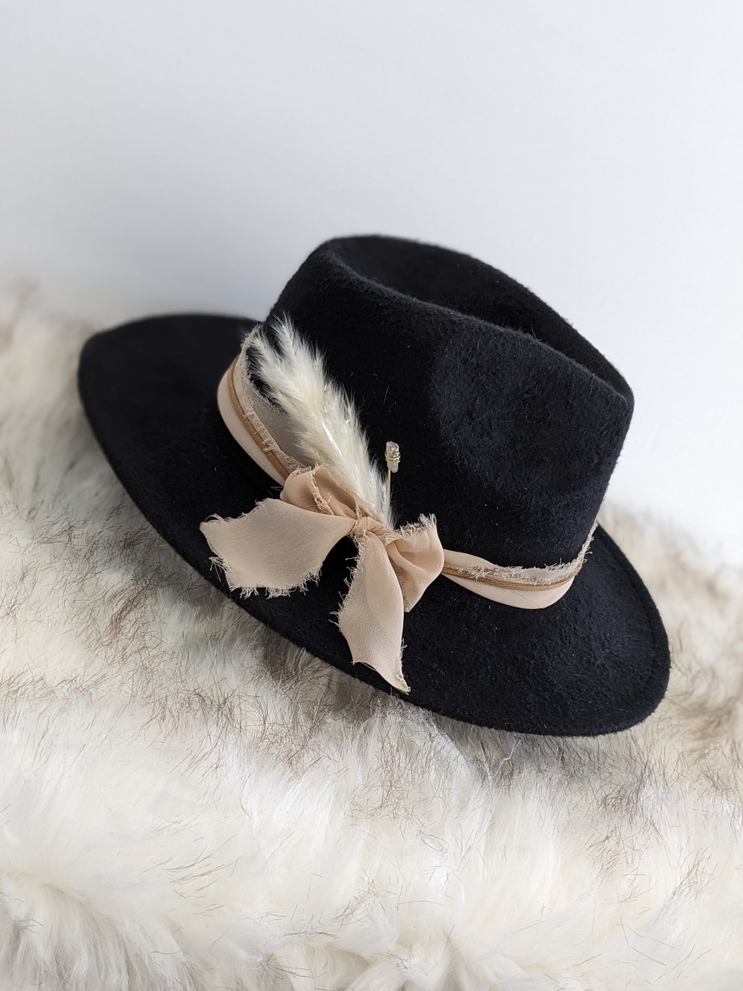 Custom Quartz Hat Band. Chiffon Ribbon, Suede Cord, Boho Feather and ...