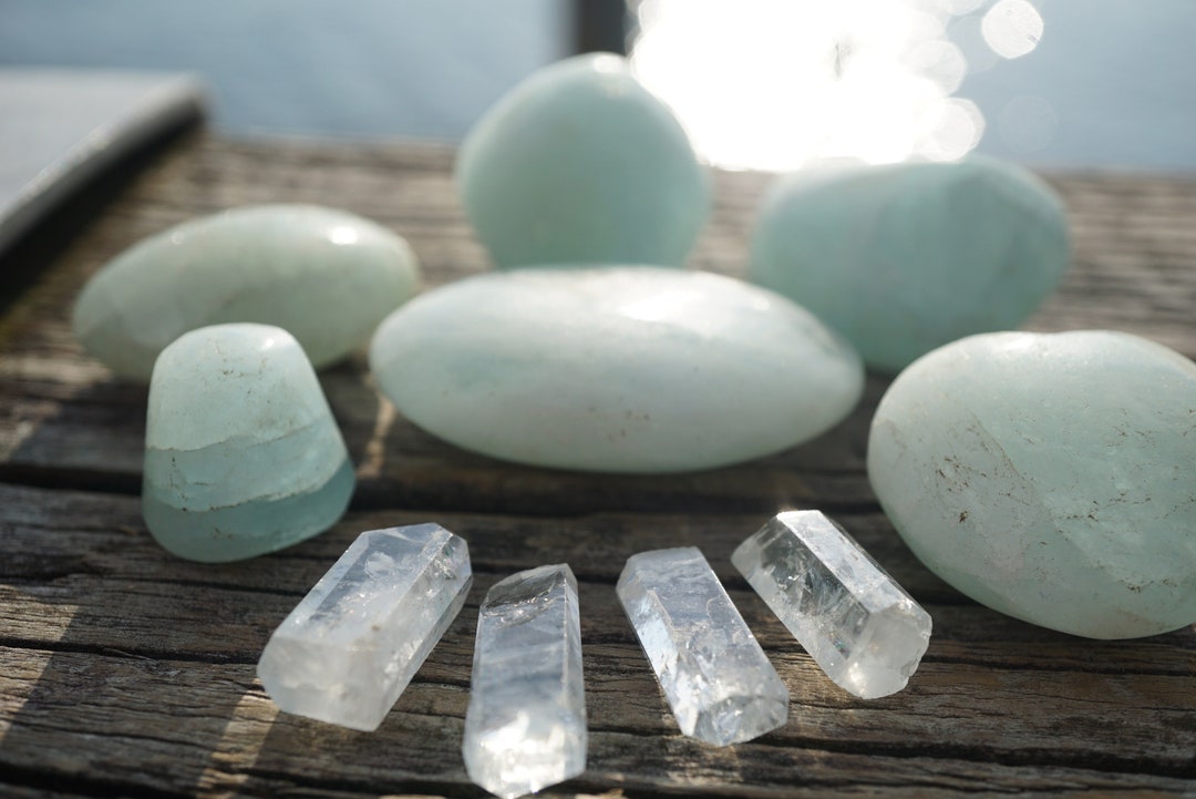 Blue AQUAMARINE Crystals - Tumbled Aquamarine ~ Yellow HELIODOR Beryl ...
