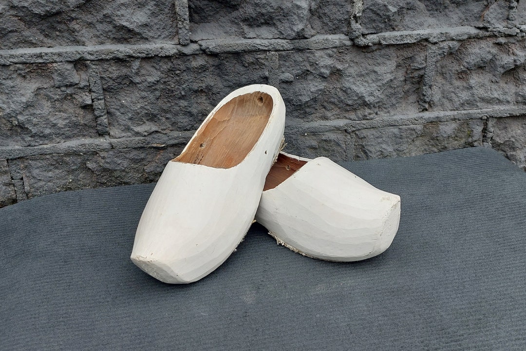 Primitive Wooden Clogs, Old White Hand Carved Clogs, Folk Art Wooden ...