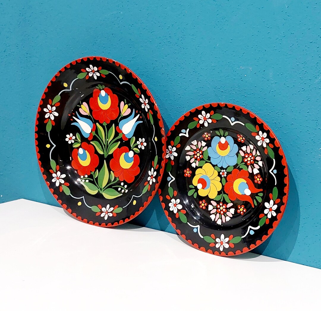 Antique Folk Art Wall Plates, Antique Hungarian Wall Pottery, Hand ...