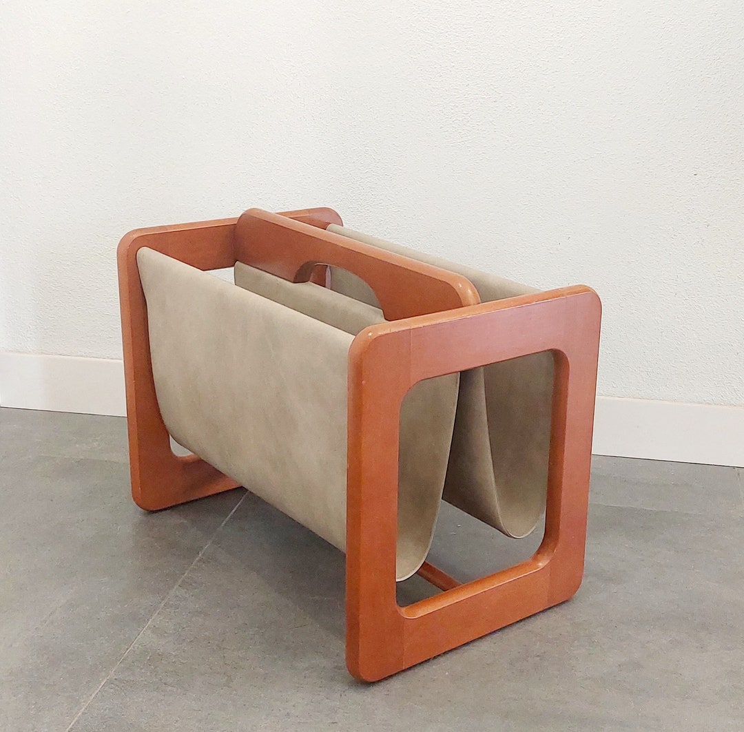 Mcm Magazine Rack / Newspaper Holder, Leather and Wood Magazine Holder ...