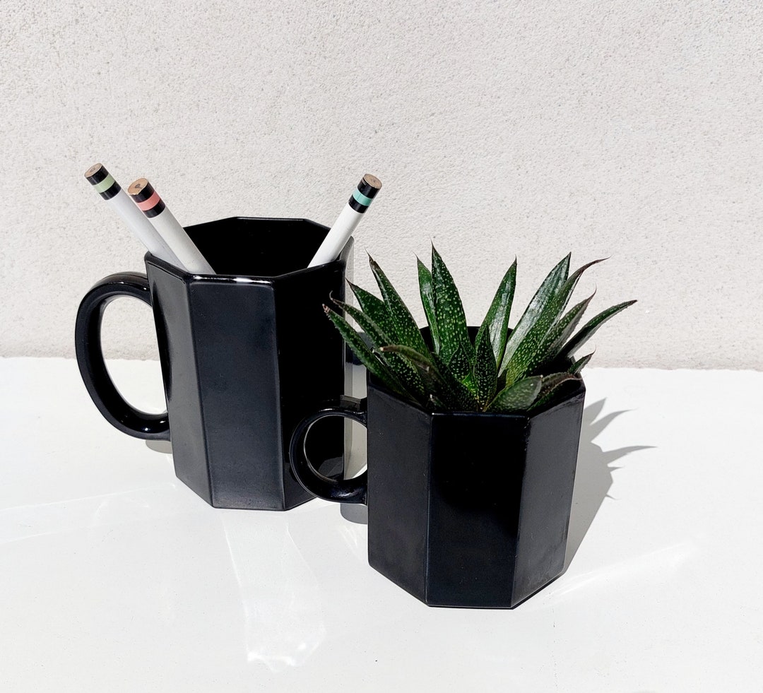 Arcoroc Black Mugs Pair / Black Mini Plant Pots Pair / Octagonal French ...