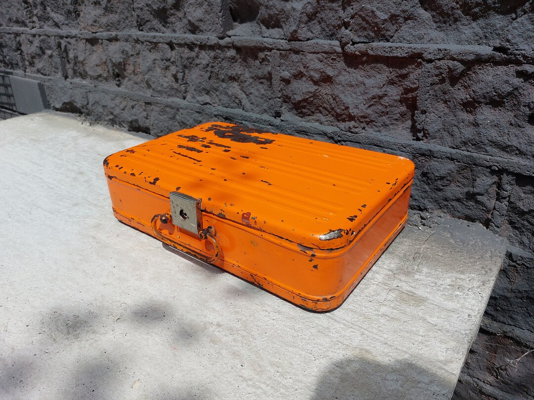 Vintage Metal Tool Box / Suicase, Orange Tool Box, Industrial Man Cave ...