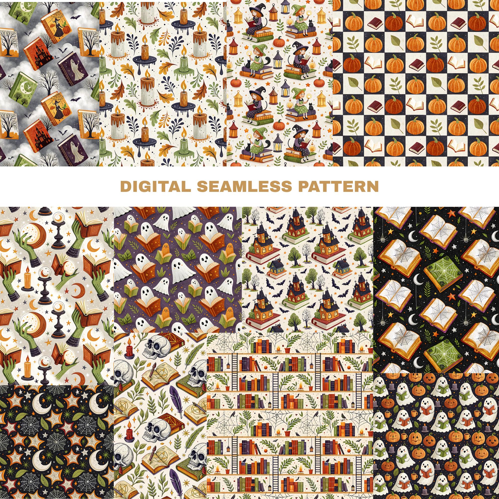 Boho Book Halloween PNG Seamless Bundle , Halloween Library Pattern ...