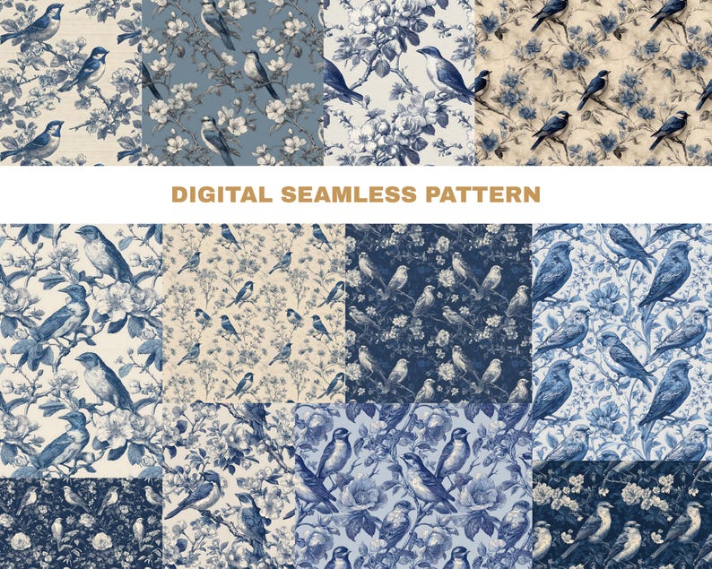 Vintage Blue Bird Patterns, Classic Toile, Botanical Style, Digital ...