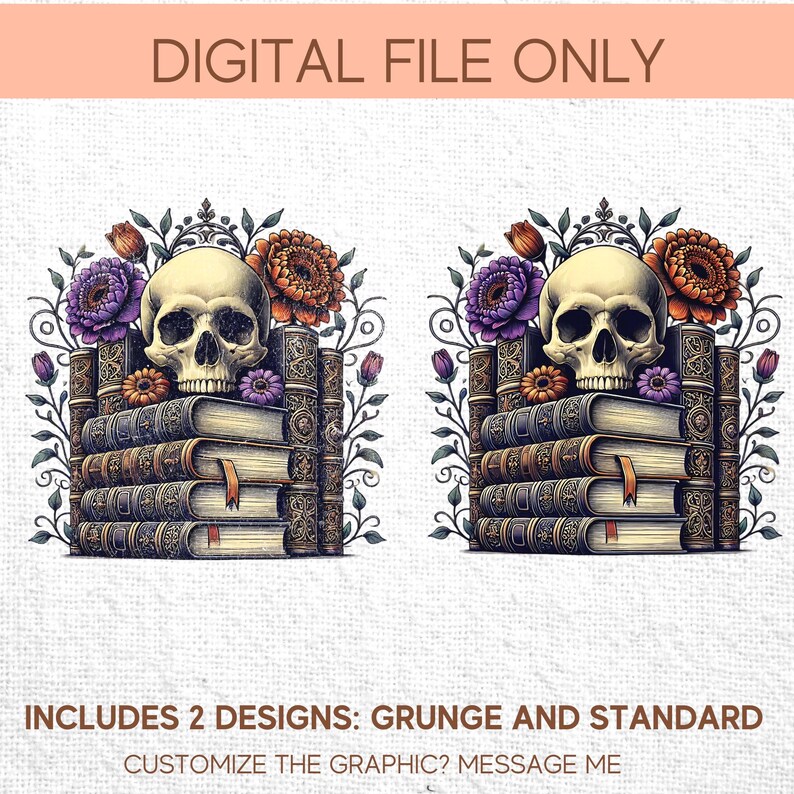 Skull and Book Stack Illustration, PNG Digital Download, Gothic Art ...