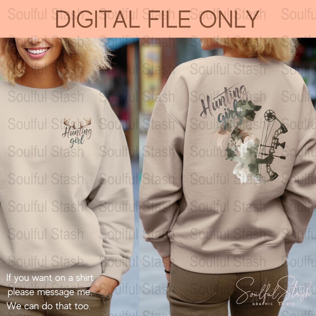 Girl Hunter Digital Design, Deer Antlers Hunting Girl PNG, Front and ...