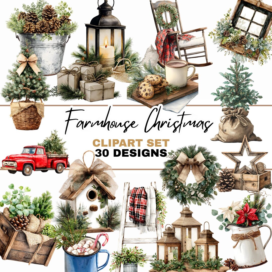 Farmhouse Christmas Clipart Set: Watercolor Holiday Decor (30 PNG ...