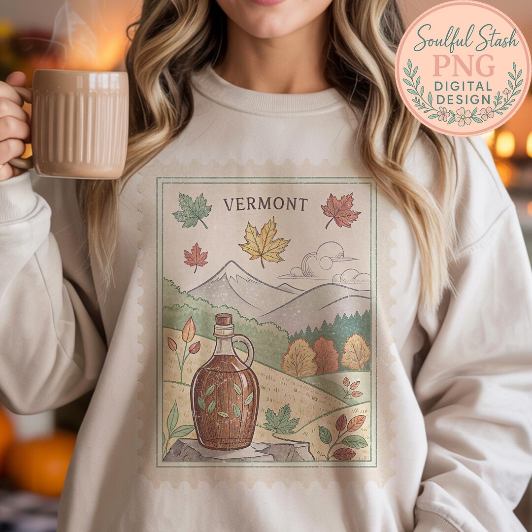 Vermont Postage Stamp Digital Print With Maple Syrup Jug and Autumn ...