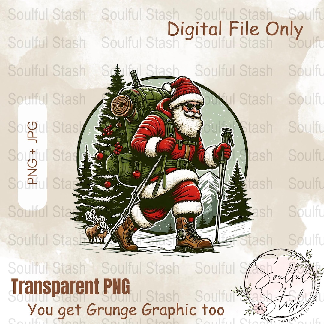 Unique Hiking Santa Digital Download, Hiking Santa PNG, Christmas Art ...