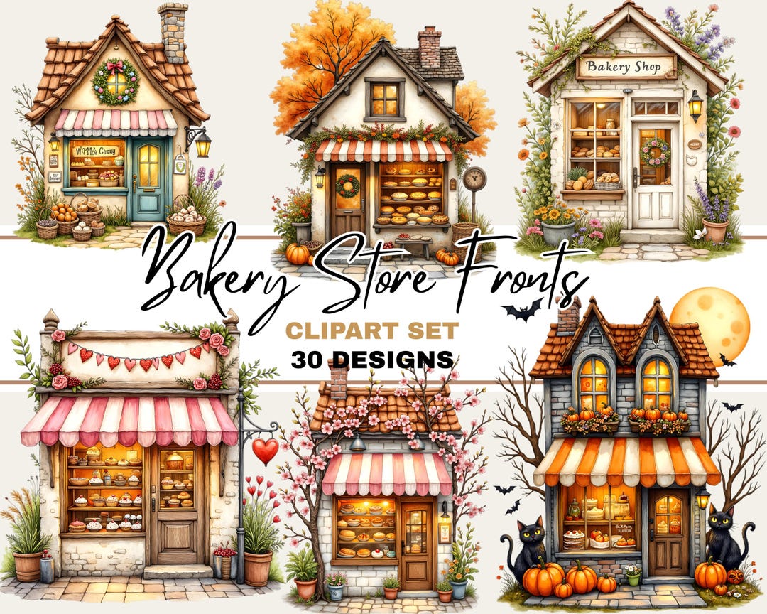 Seasonal Bakery Storefront Clipart Bundle Spring, Summer, Fall, Winter ...