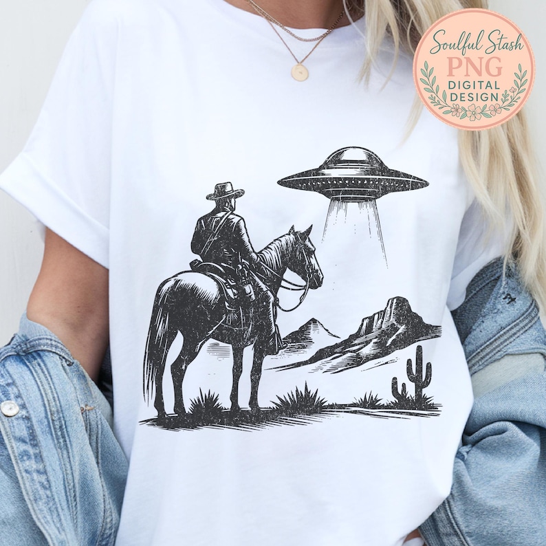 Cowboy Alien Encounter PNG, Western UFO Graphic (digital Art) - Etsy