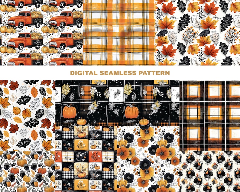 Autumn Thanksgiving Seamless Pattern Bundle Fall Designs Pumpkins ...