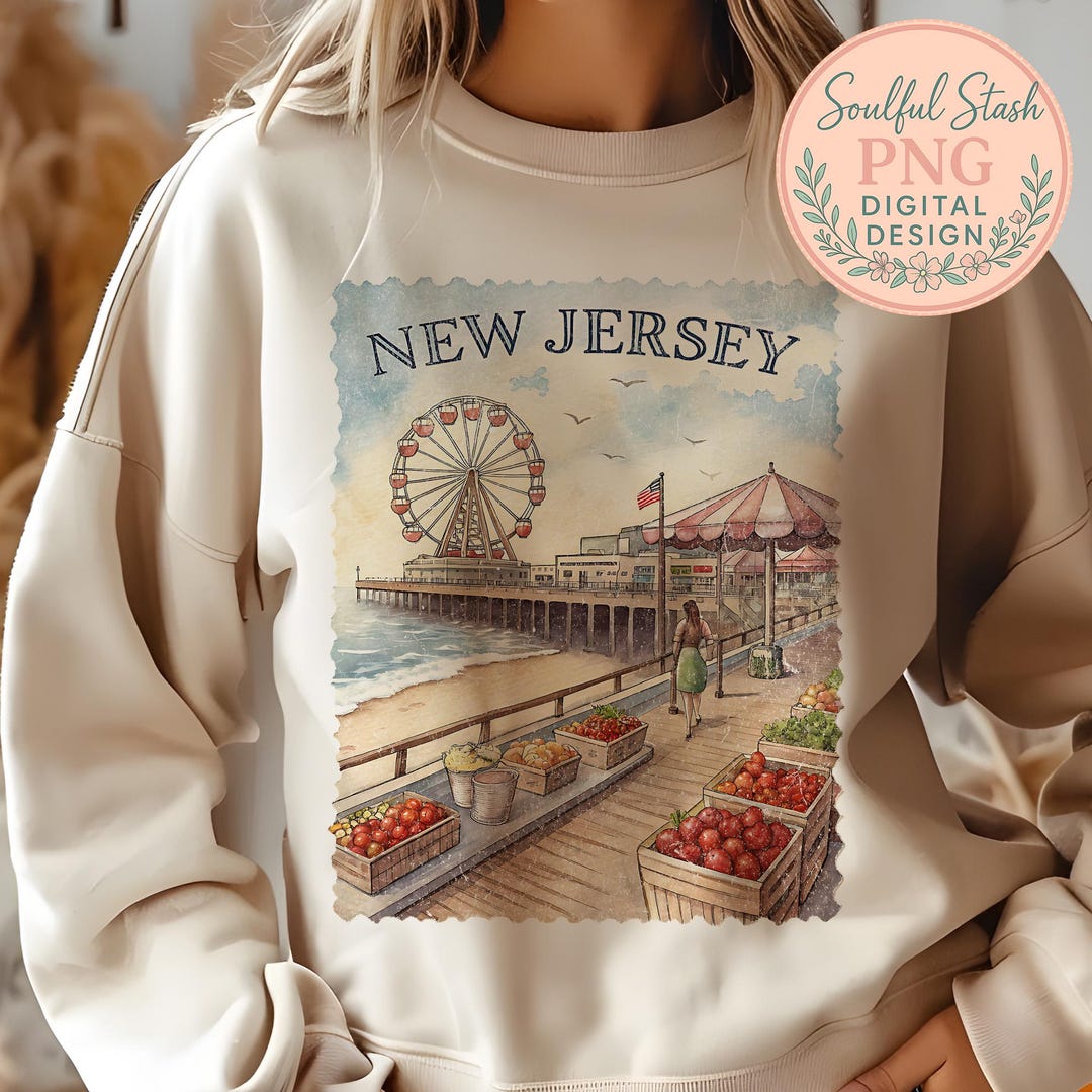 New Jersey Postage Stamp Digital Print With Boardwalk, Ferris Wheel ...