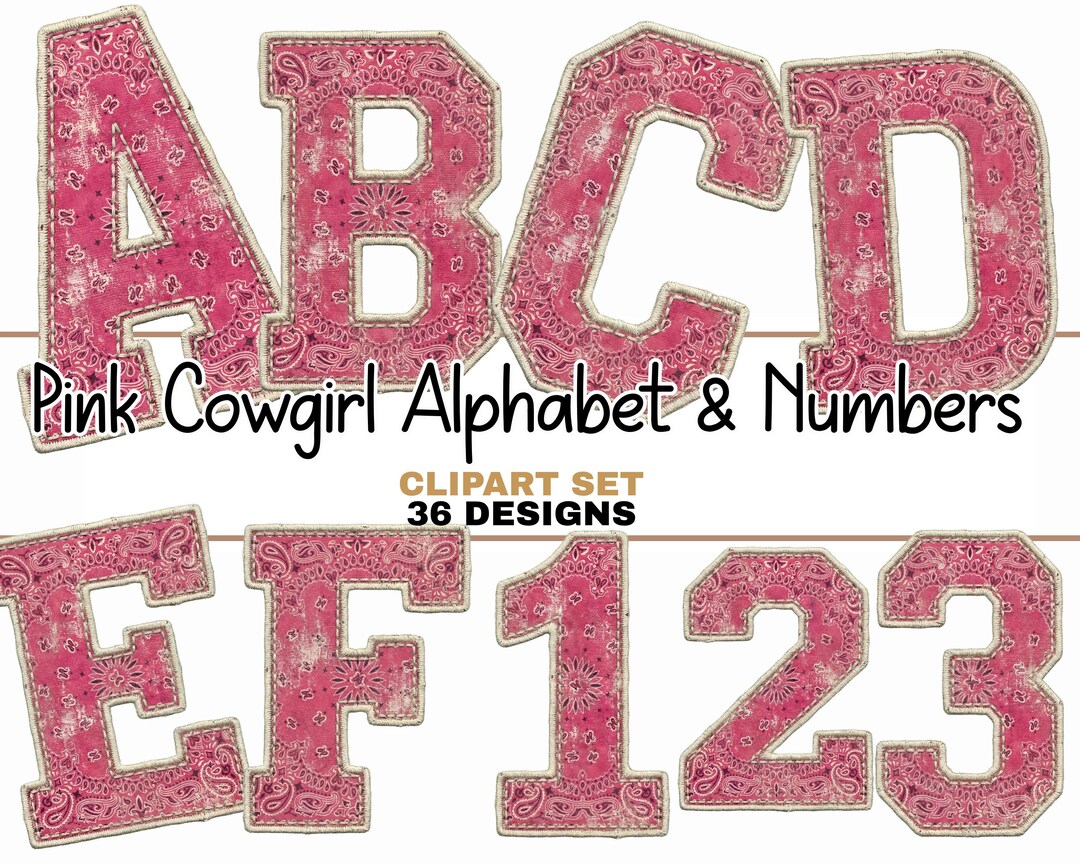 Pink Cowgirl Alphabet and Numbers Clipart Set Bandana Western Patch ...