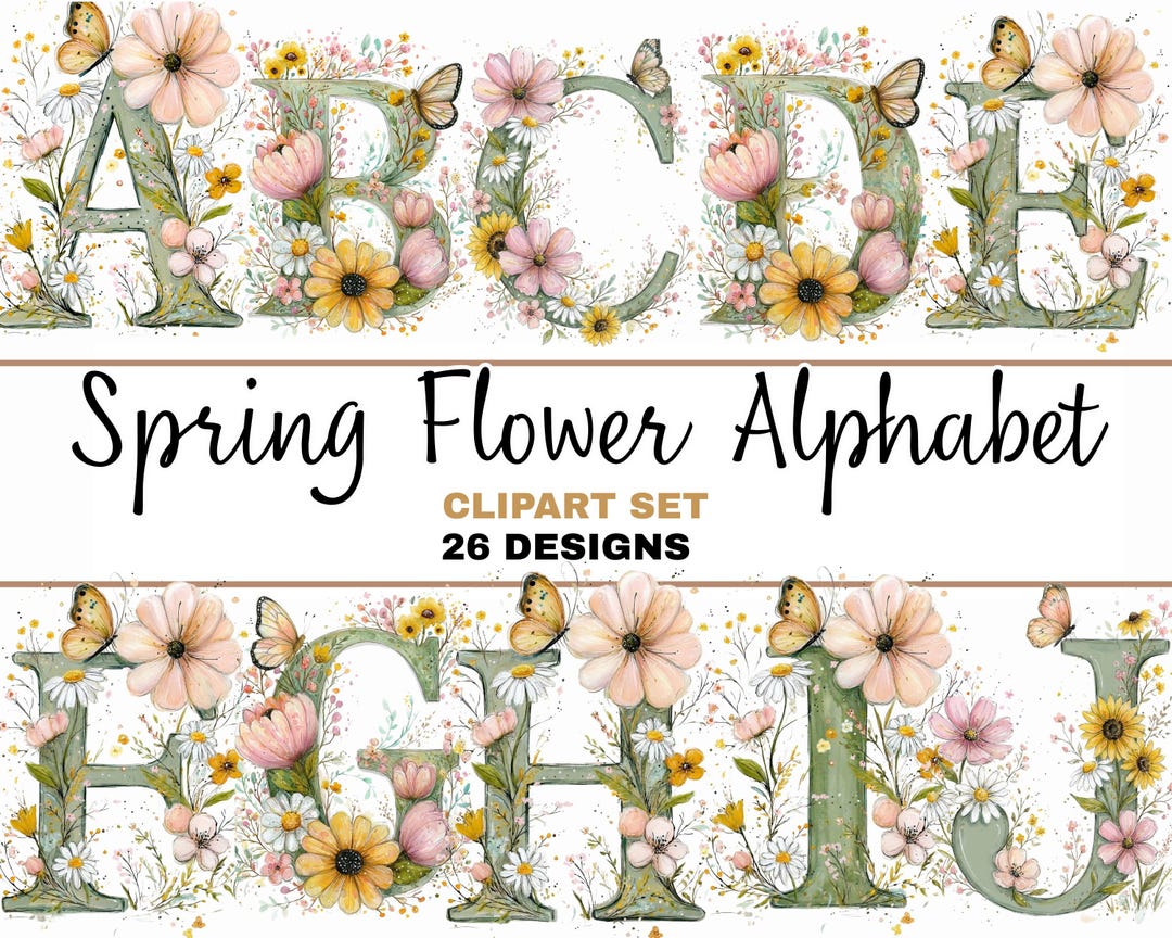 Spring Floral Alphabet Clipart Bundle Watercolor Botanical Letters ...