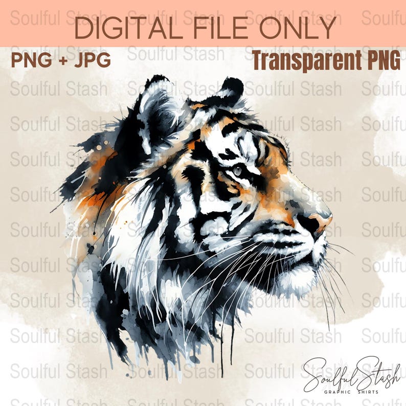 Majestic Tiger Head Digital Download, Vintage Watercolor Shirt Graphic ...