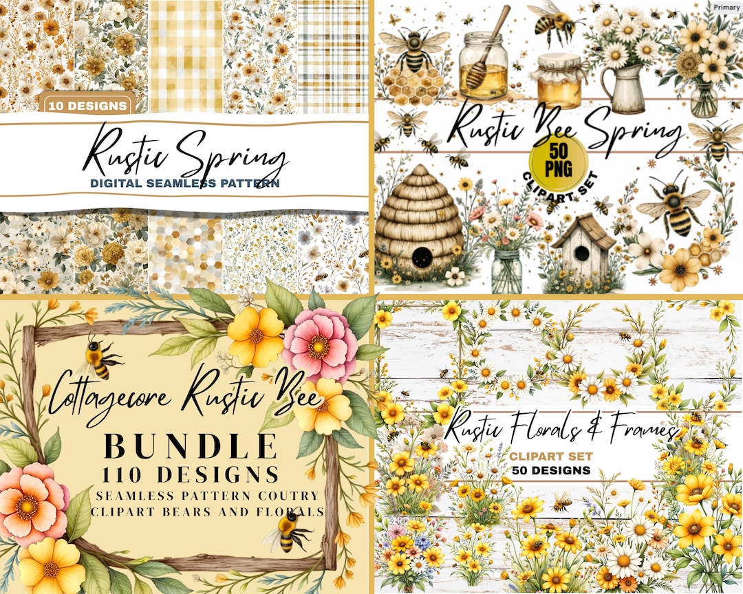 Rustic Cottagecore Bee Bundle Seamless Patterns Watercolor Floral ...