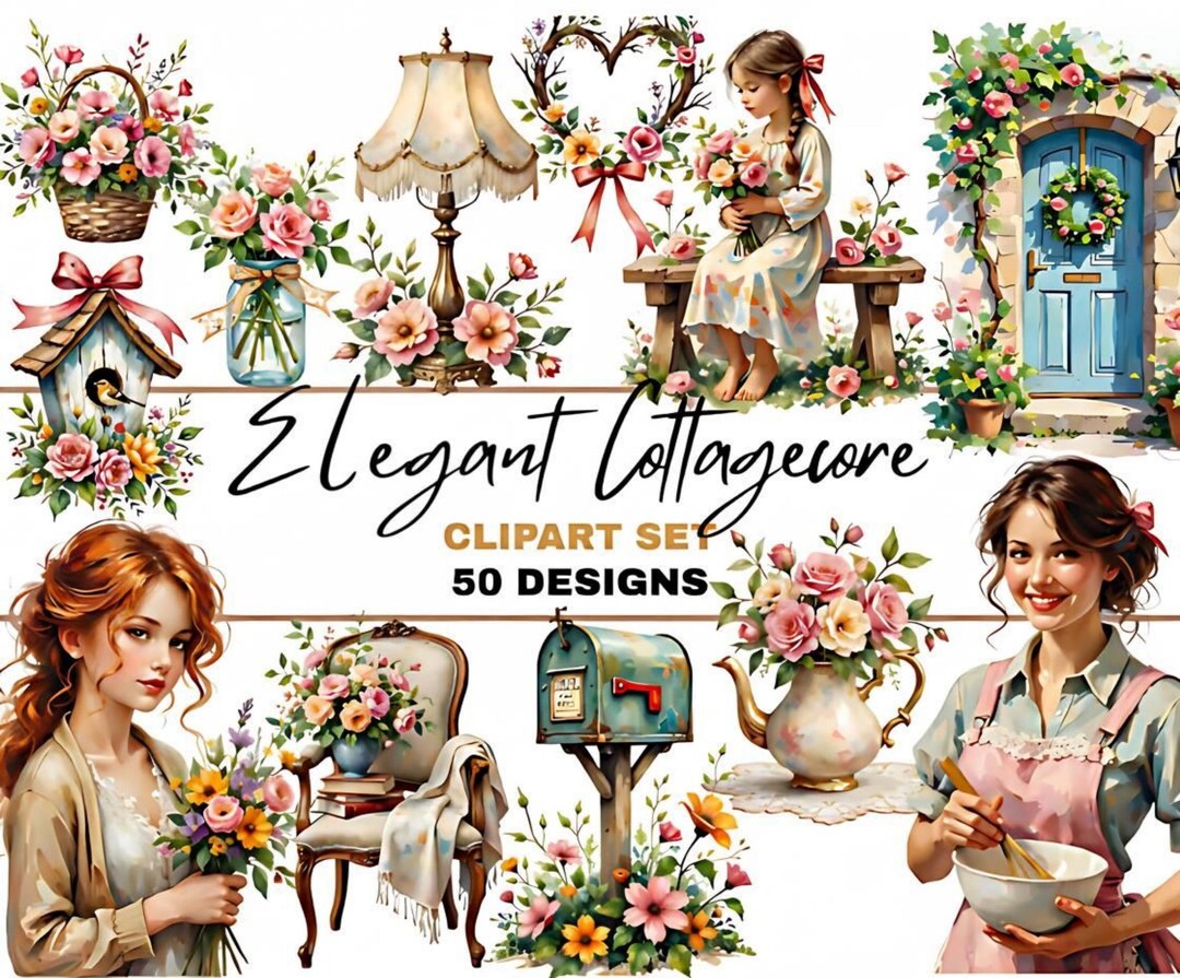 Boho Cottagecore Elegant Clipart Bundle With Romantic People, Cozy ...