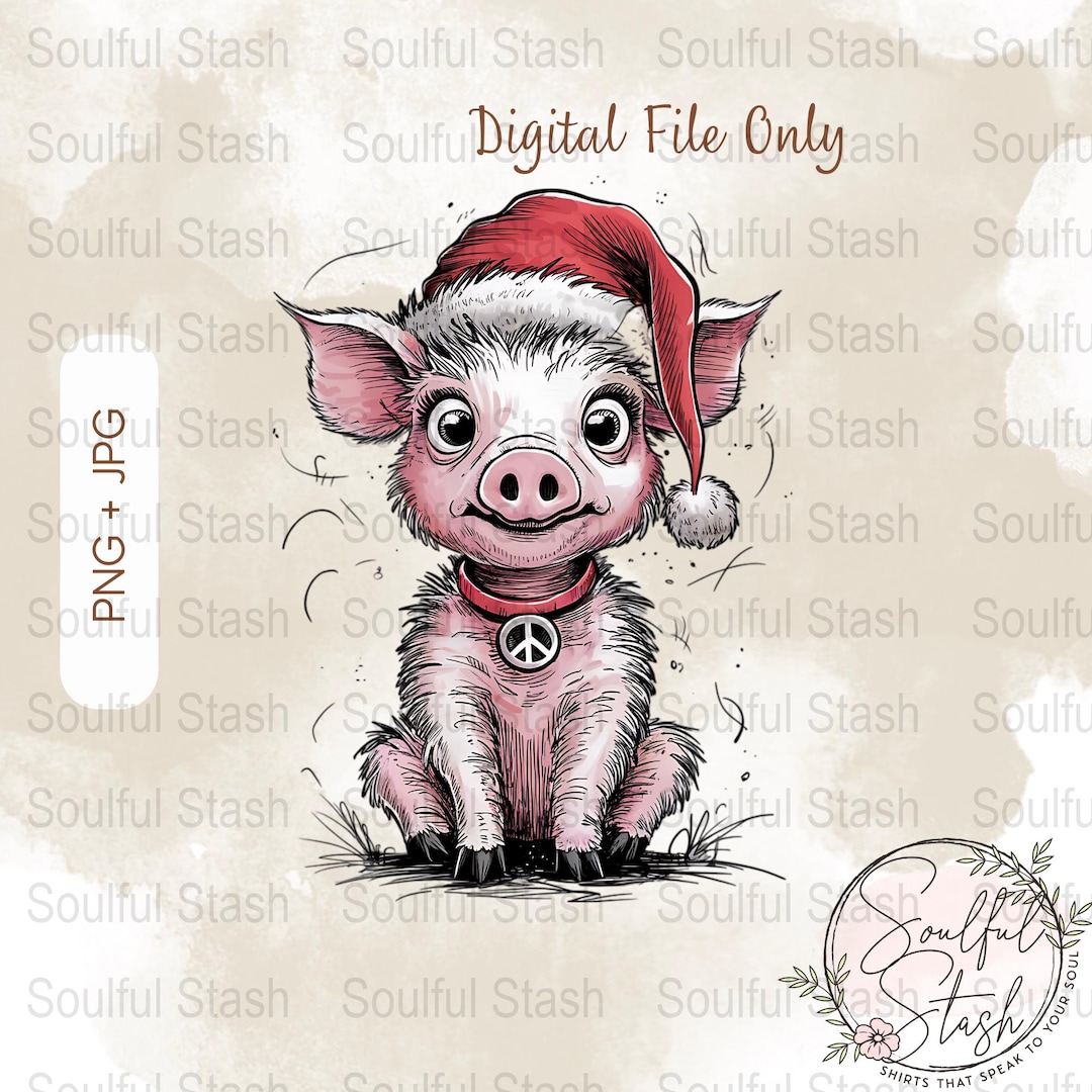 Cute Christmas Pig With Santa Hat, Peace Symbol, Festive Holiday ...