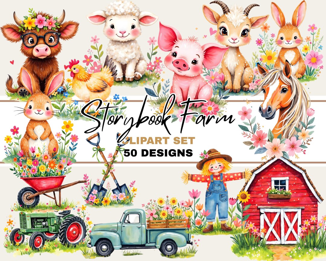 Storybook Farm Clipart Bundle With Vintage Animals and Farmhouse Spring ...