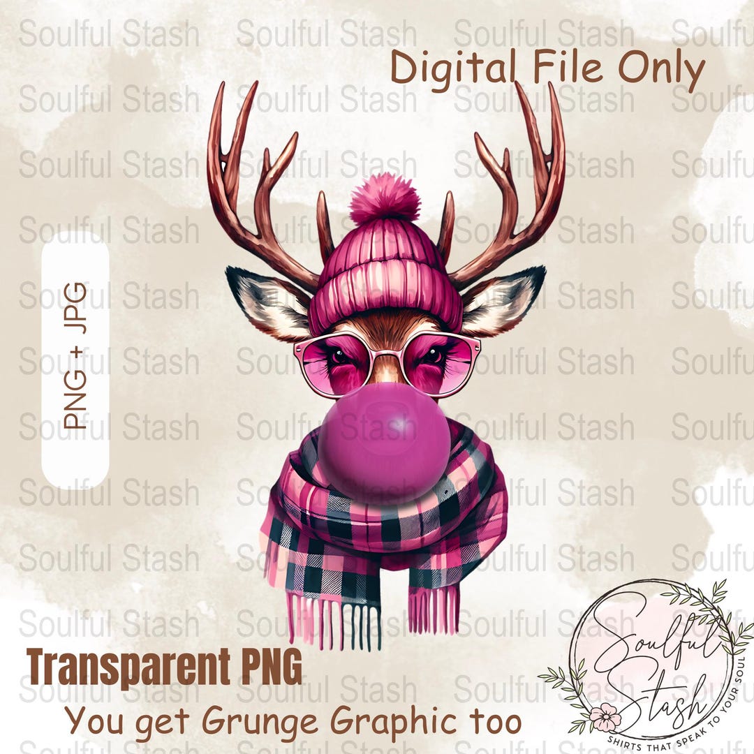 Hipster Deer Art Print, Bubble Gum Blowing Deer, Pink Beanie and Scarf ...