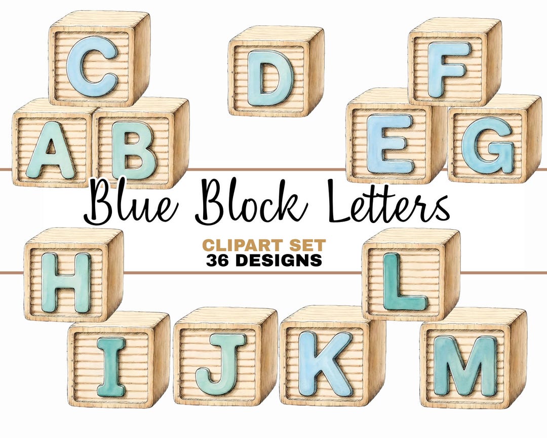 Hand Drawn Wooden Block Alphabet Clipart Bundle Baby Shower Nursery PNG ...